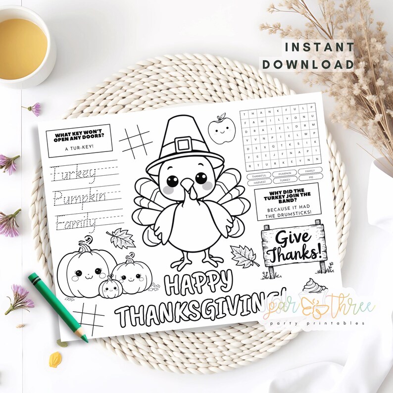Printable Thanksgiving Coloring Placemat, Kids Activity Sheet, Word ...