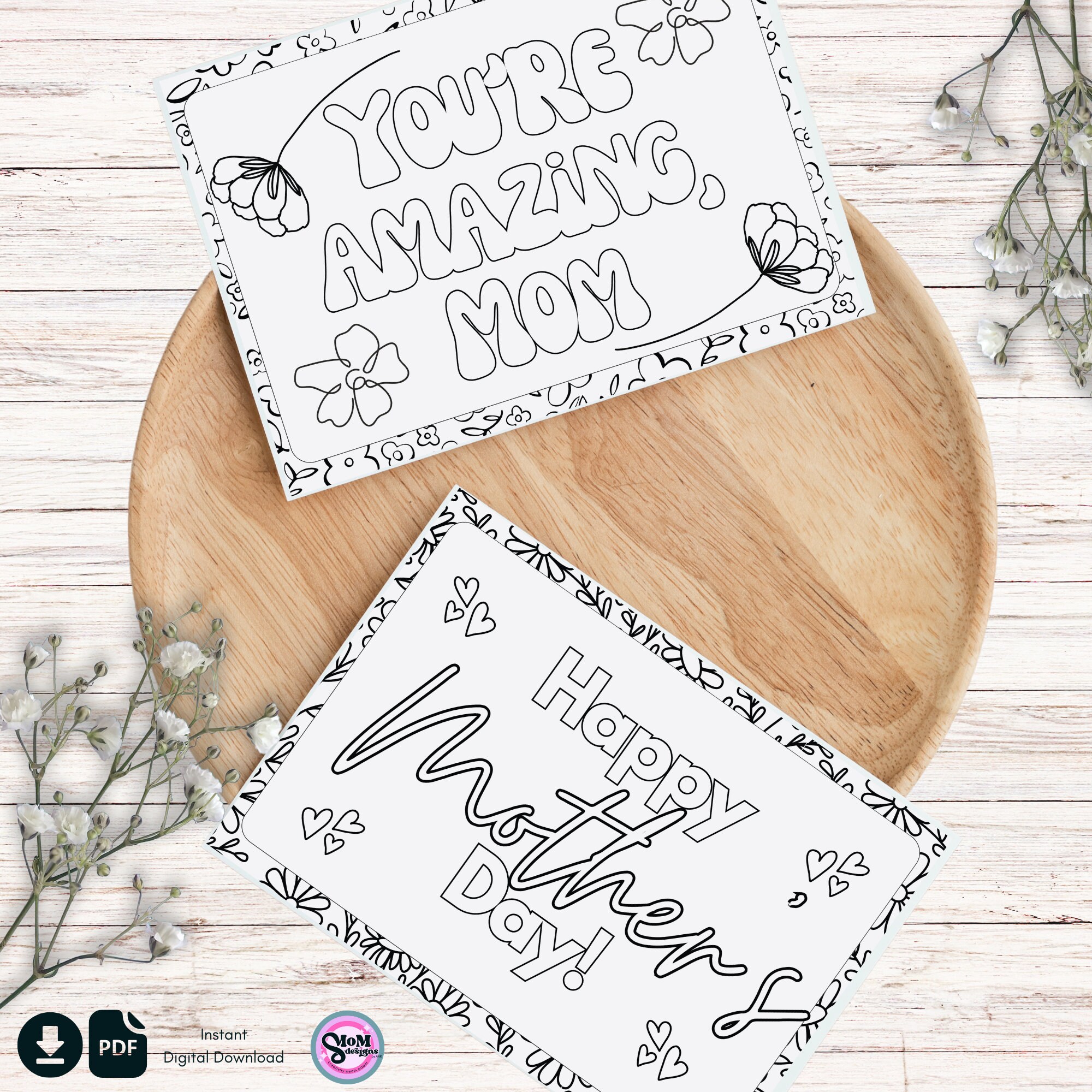Floral Coloring Card for Mom Happy Mother's Day Printable, Kids Craft ...