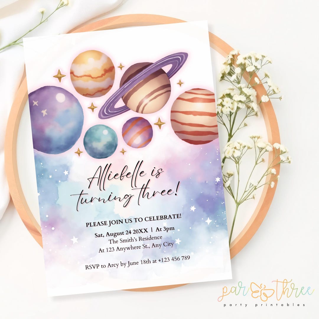 Galaxy Birthday Invitation for Girls | Watercolor Pastel Planet Theme ...