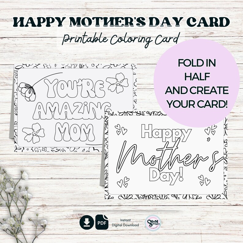 Floral Coloring Card for Mom Happy Mother's Day Printable, Kids Craft ...