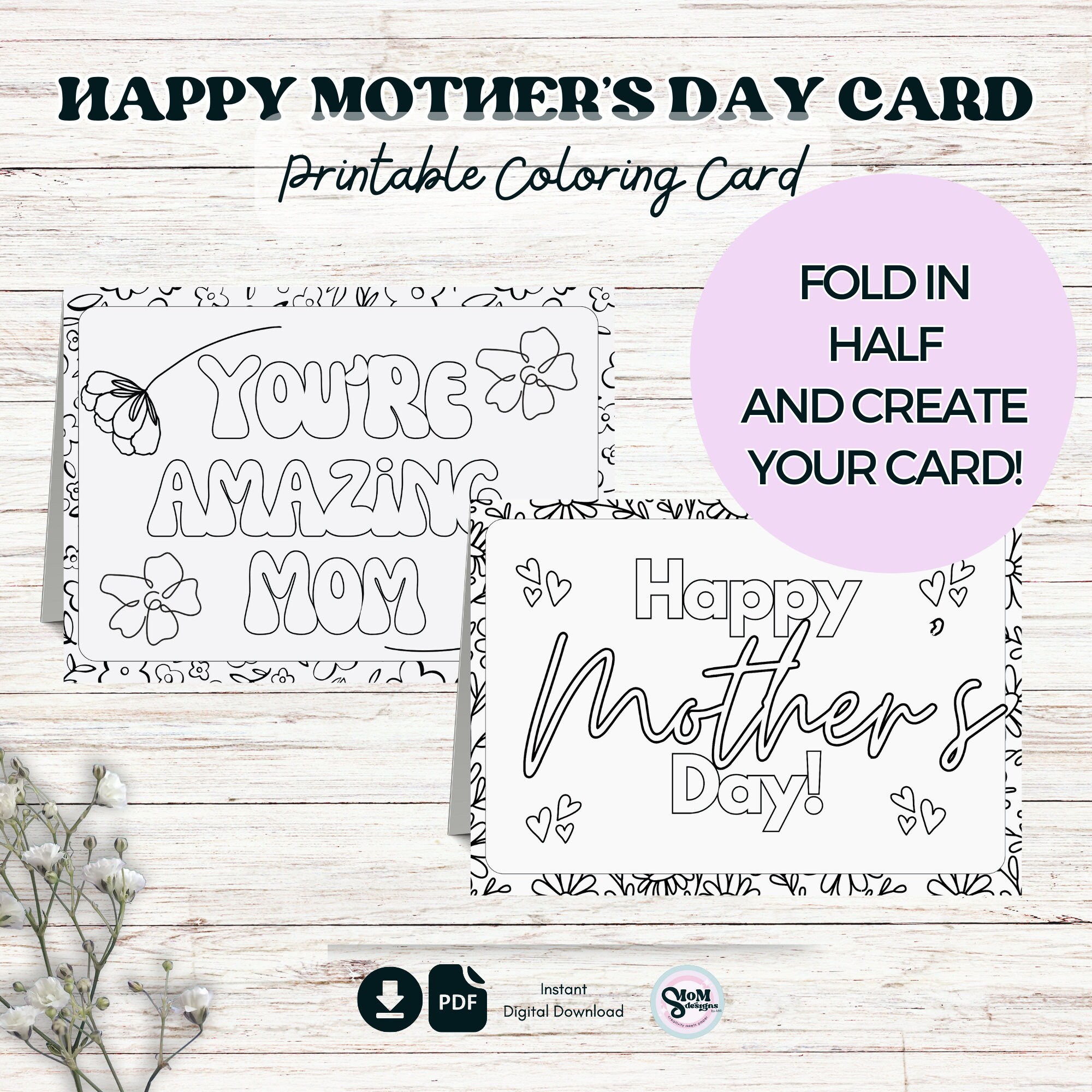 Floral Coloring Card for Mom Happy Mother's Day Printable, Kids Craft ...