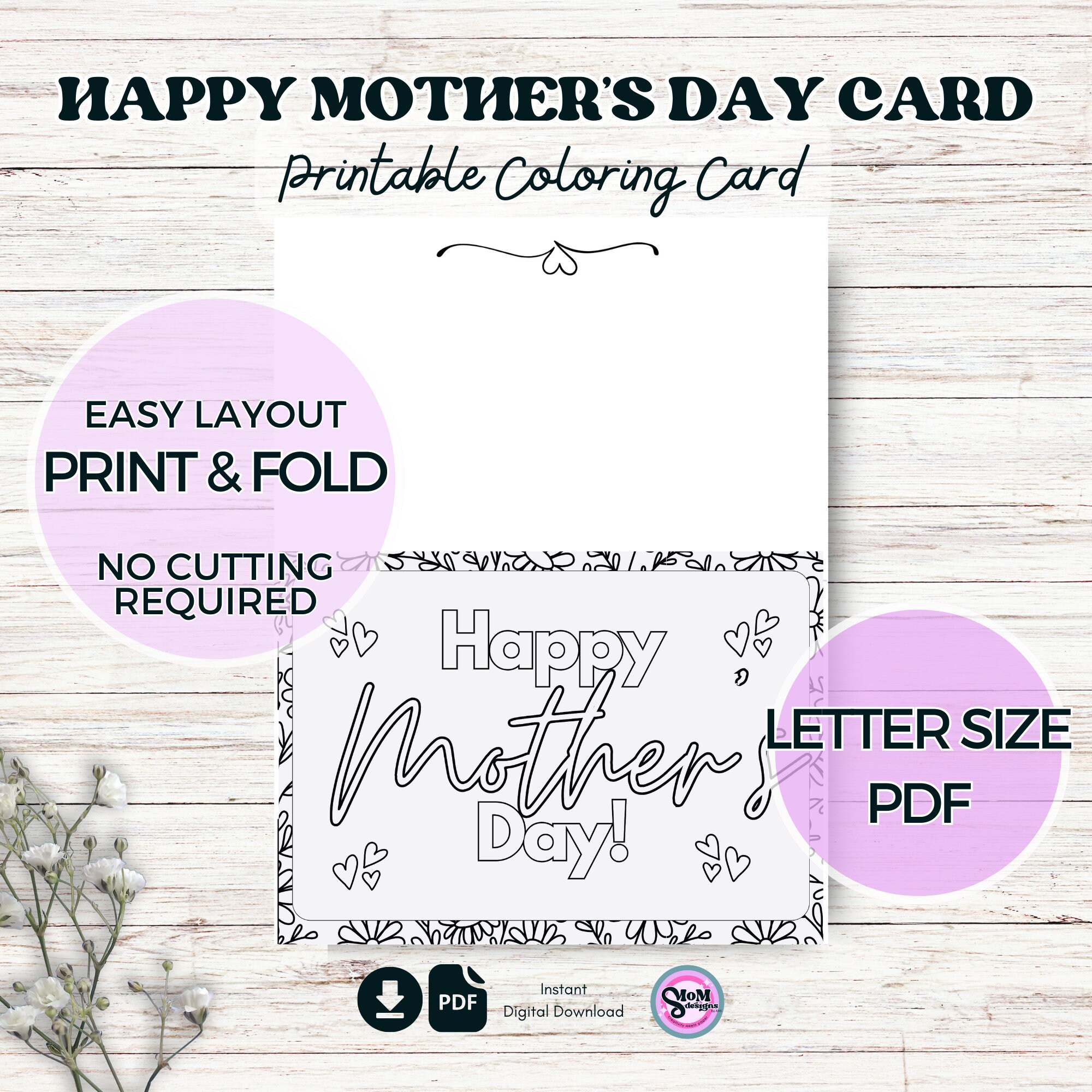 Floral Coloring Card for Mom Happy Mother's Day Printable, Kids Craft ...