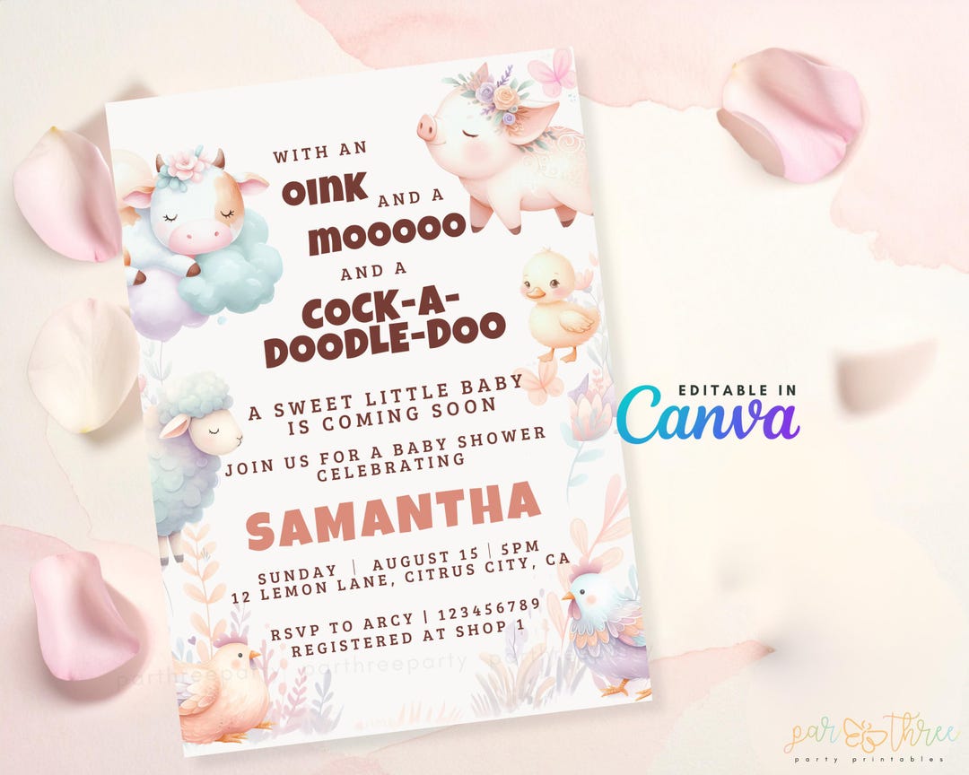 Farm Animals Baby Shower Invitation, Oink Moo Cockadoodle Baby Shower ...