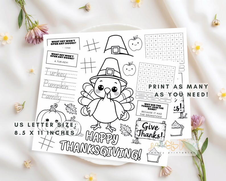 Printable Thanksgiving Coloring Placemat, Kids Activity Sheet, Word ...