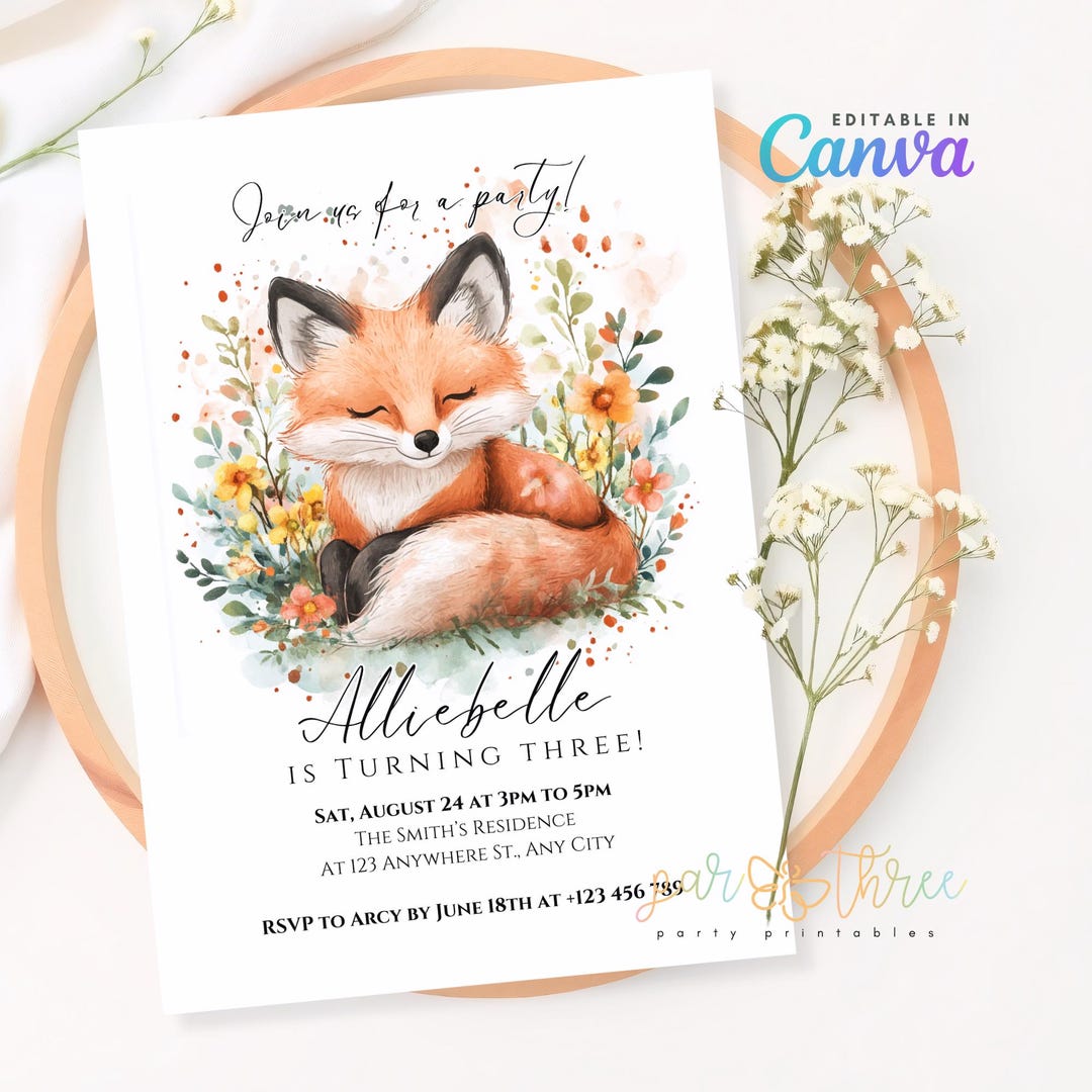 Little Fox First Birthday Invitation | Woodland Girl Party | Editable ...