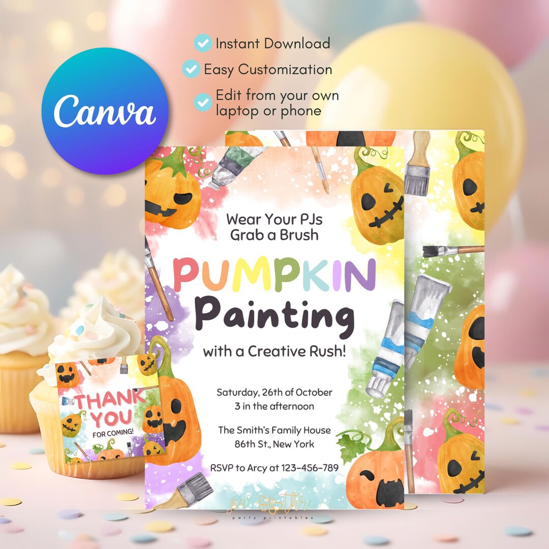 Pumpkin Painting Party Invitation, Halloween Party, Pajama Party ...