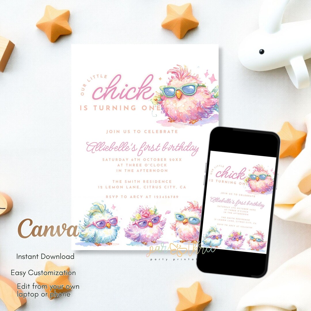 Our Little Chick is One Birthday Invite, Baby Chicken First Birthday ...