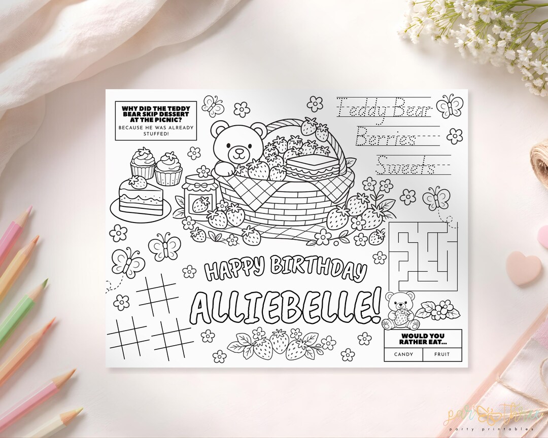 Teddy Bear Birthday Coloring Page Placemat, Kids Party Activity Sheet ...