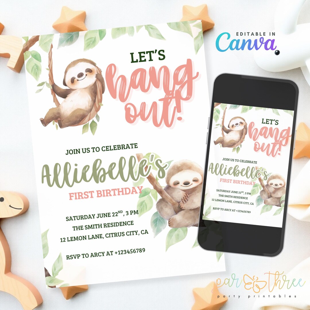 Editable Sloth Birthday Invitation Template, Hang Out Theme Canva ...