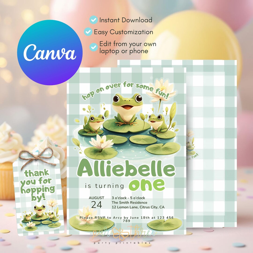 Editable Frog Birthday Invitation, Gingham Party Theme, Frog Party Invite, Cute Frog Birthday ...