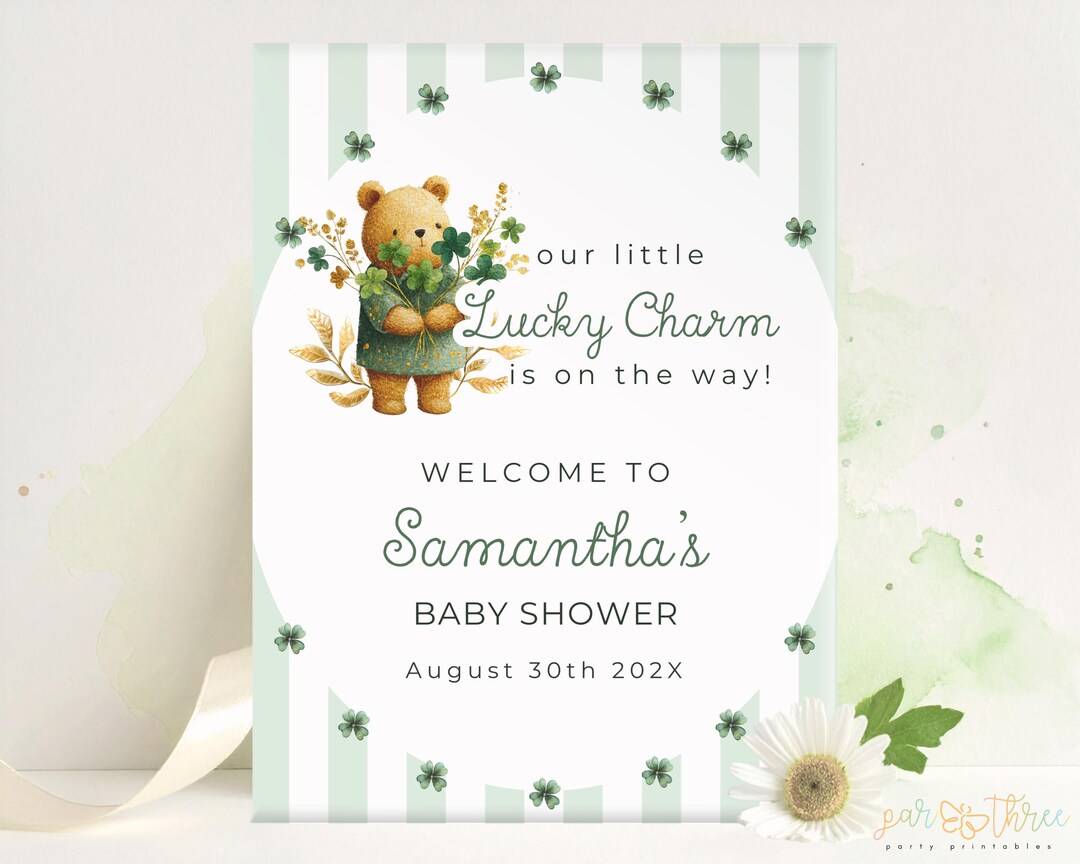 Lucky Charm Baby Shower Welcome Sign, Green Teddy Bear Baby Shower Sign ...
