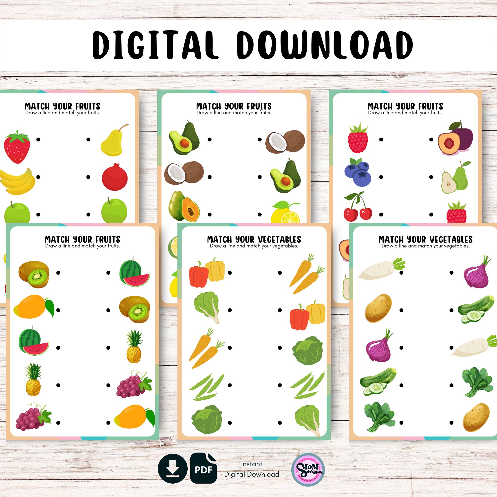 Fruits and Vegetables, Matching Activity, Matching Worksheet, Fruit ...