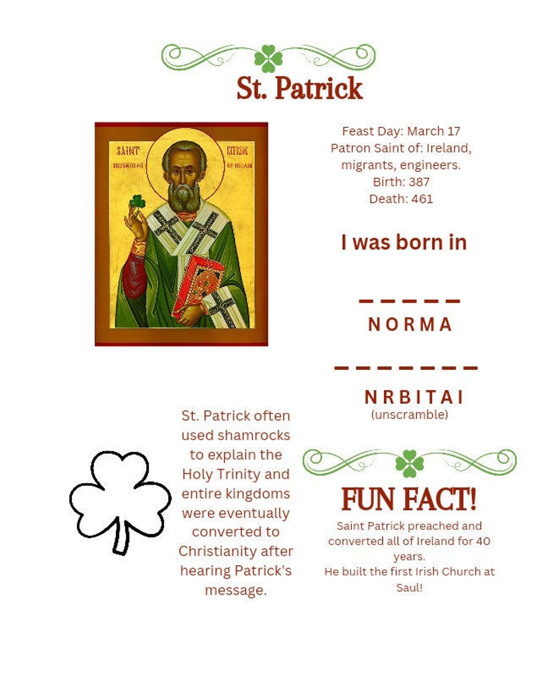 Saint Patrick Activity Sheet, Christian Bible Coloring Page, Kids ...