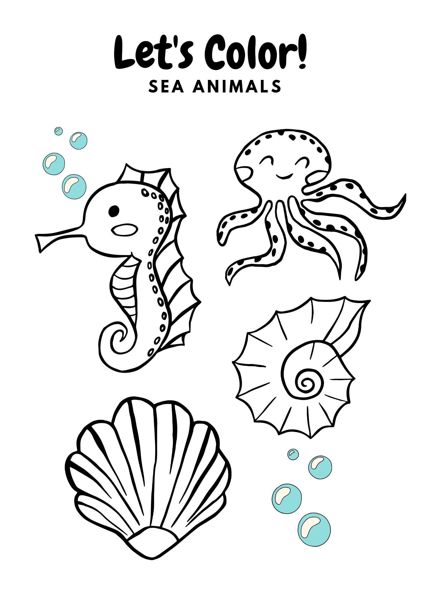 Childrens Sea Animals Coloring Page, Kids Ocean Learning Activity - Etsy