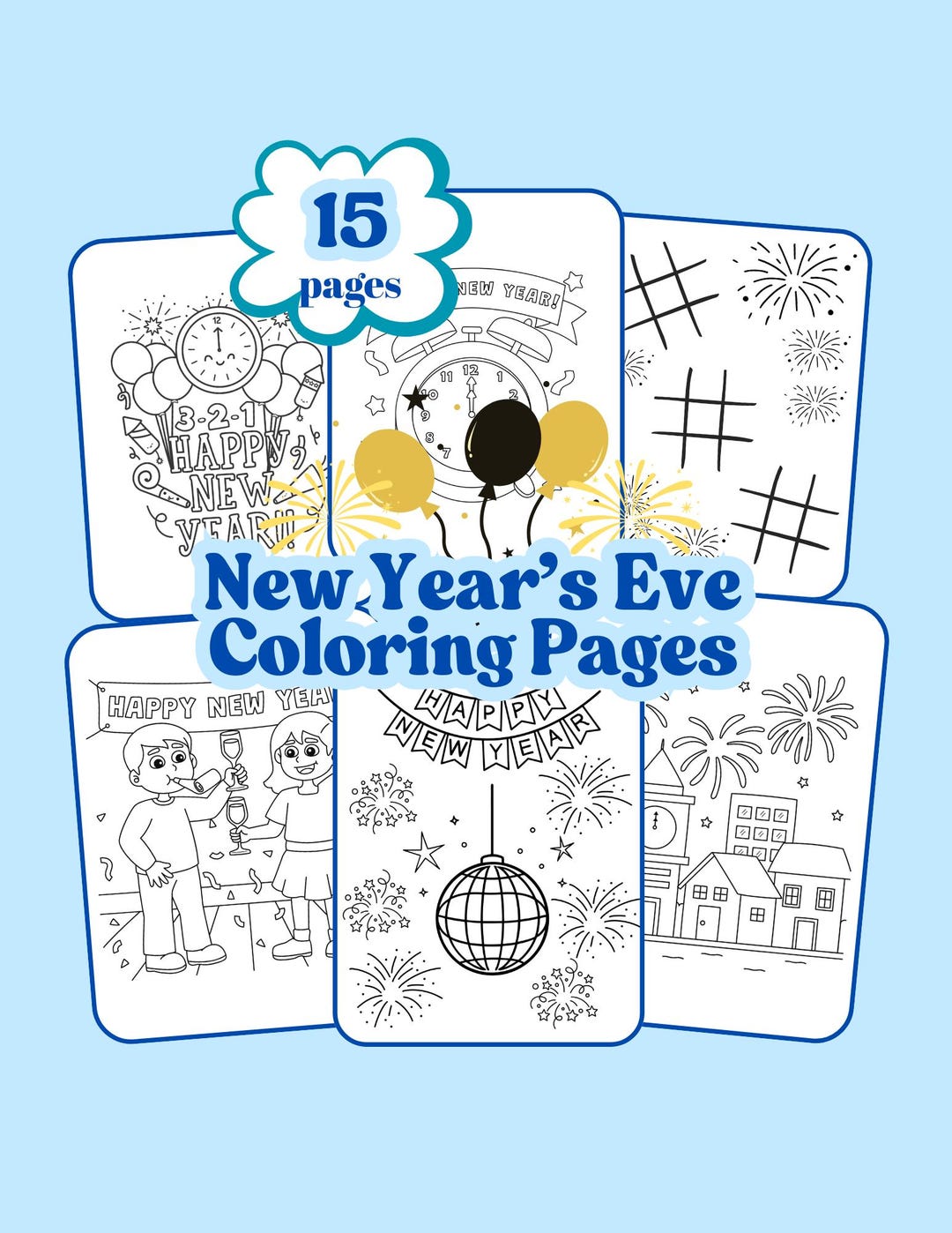 New Years Eve Coloring Pages, Birthday Activity, Kids Toys and Games - Etsy