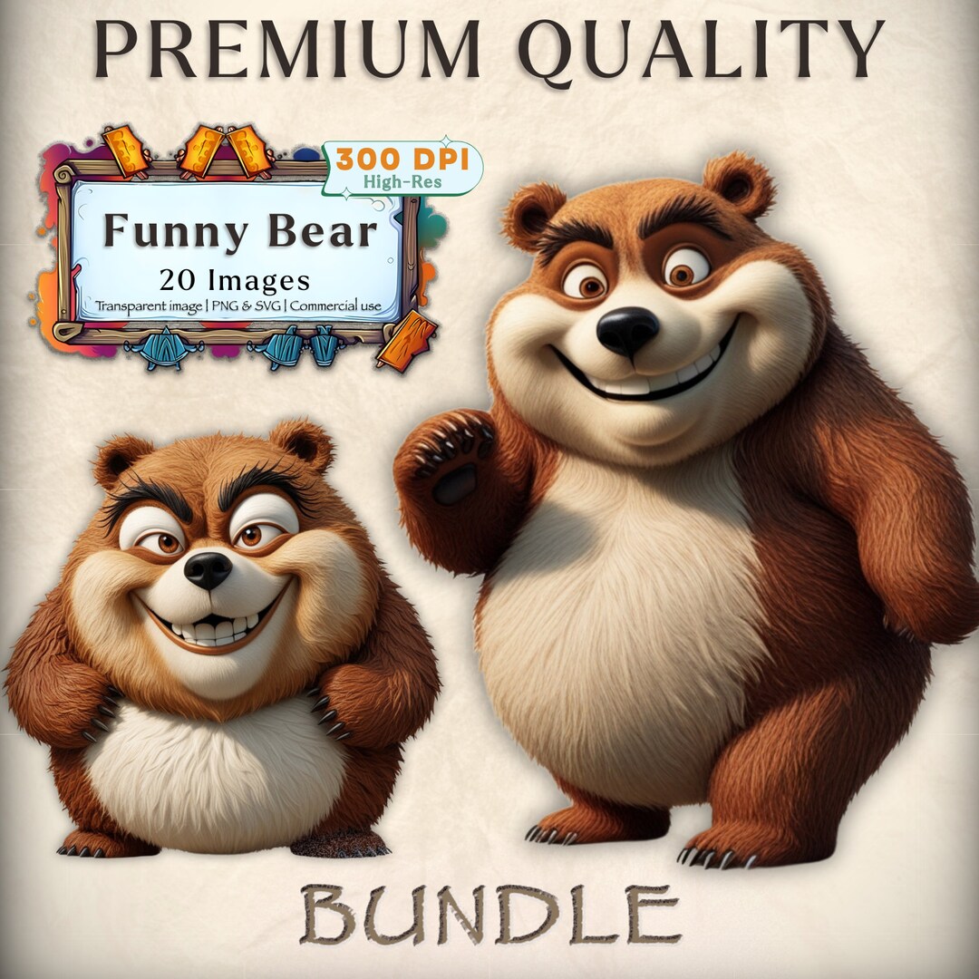 Funny Bear Clipart Bundle: PNG & SVG Cute Cartoon Bear Clipart Humorous ...