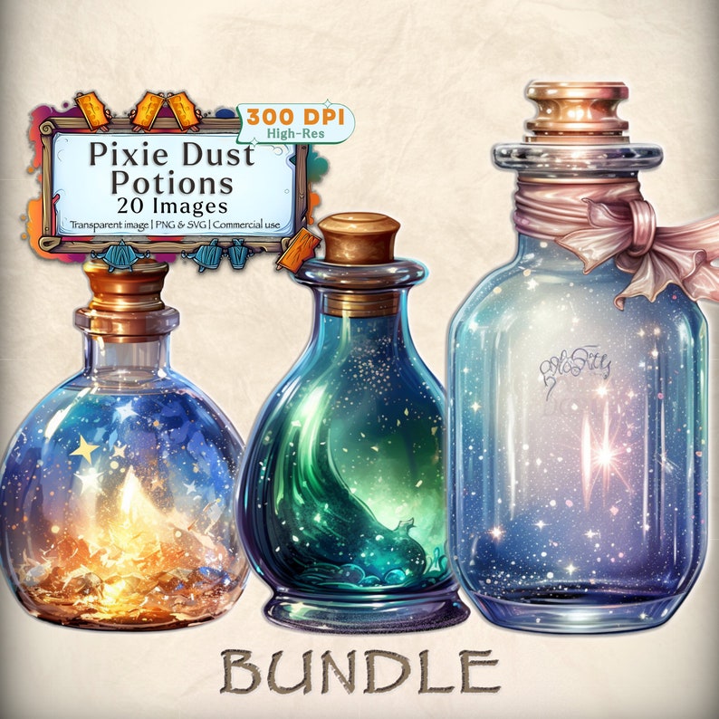 Magical Pixie Potion Bottle Cliaprt Bundle: PNG & SVG Magical Clipart Fantasy Potion Bottle ...