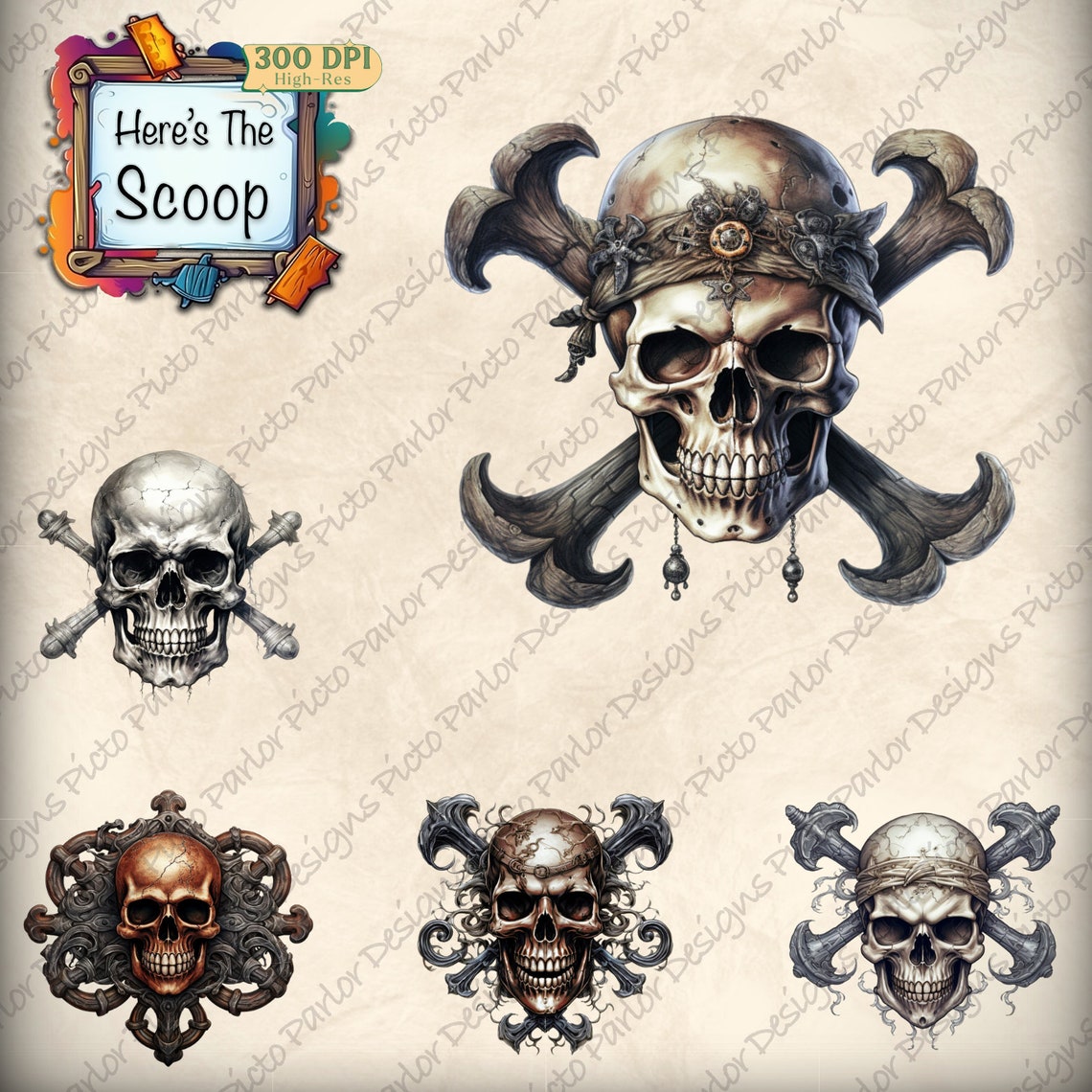 Skull and Crossbones Clipart Bundle: PNG & SVG Pirate Clipart Marauder ...