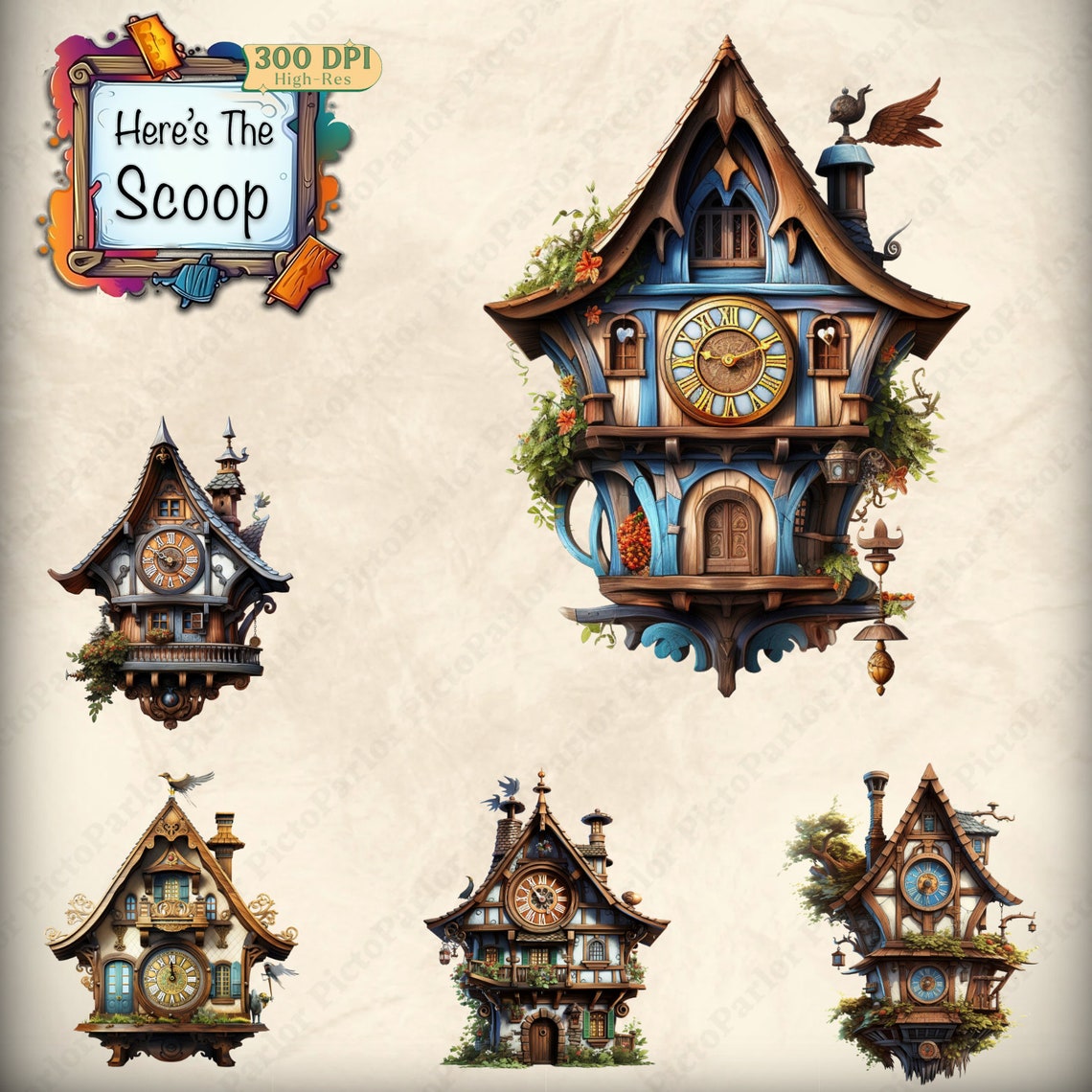 Cuckoo Clock Clipart Bundle: PNG and SVG Floral Vintage Clock Clipart ...