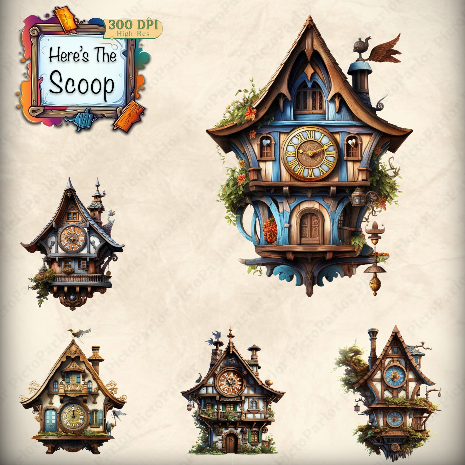 Cuckoo Clock Clipart Bundle: PNG and SVG Floral Vintage Clock Clipart ...