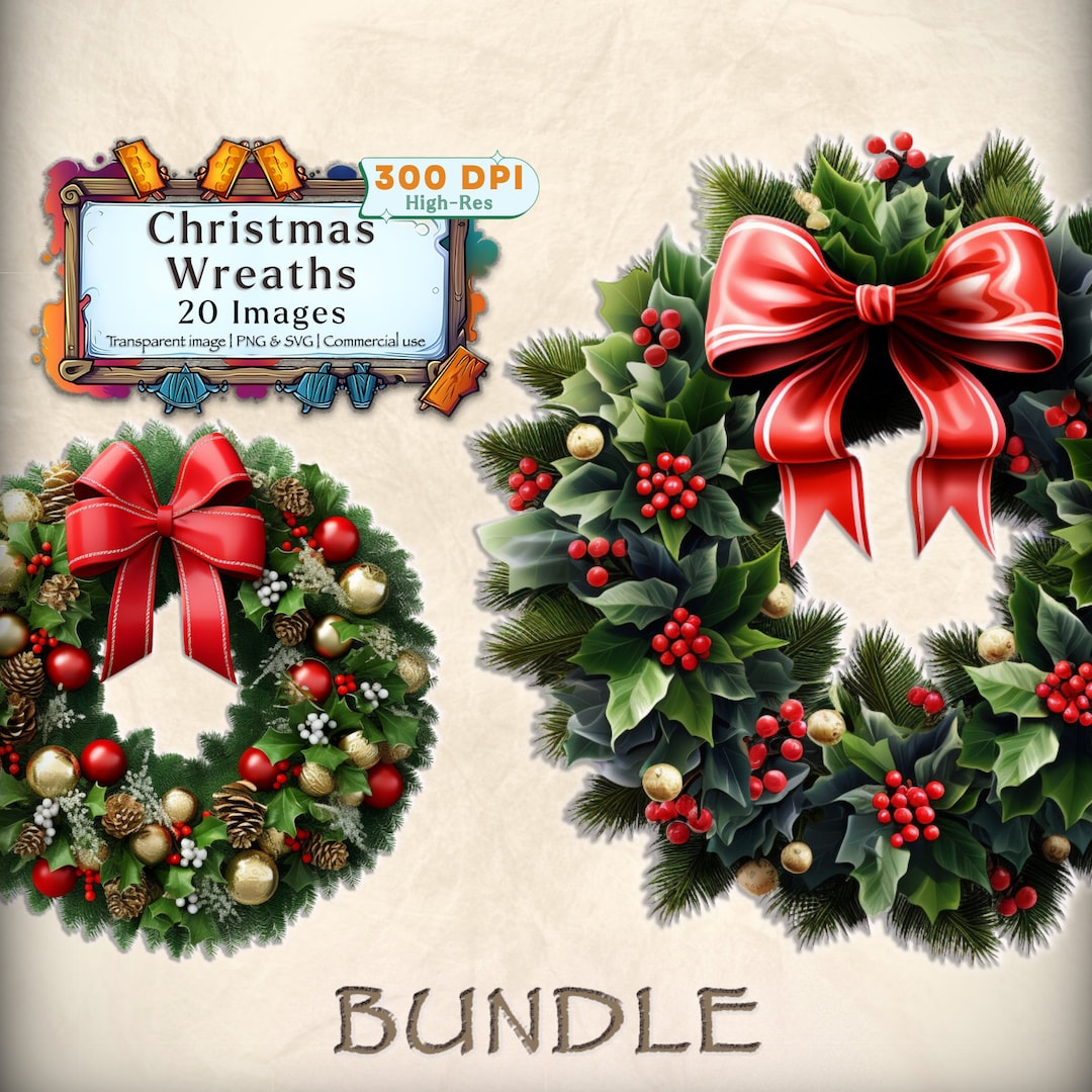 Christmas Wreath Clipart Bundle: PNG & SVG Seasonal Clipart Winter ...