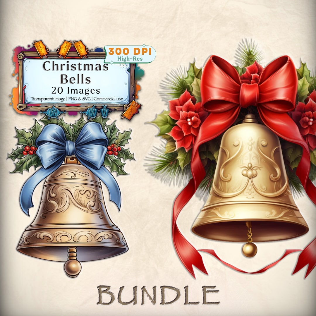 Christmas Bells Clipart Bundle: PNG & SVG Santa Sleigh Bells Clipart ...