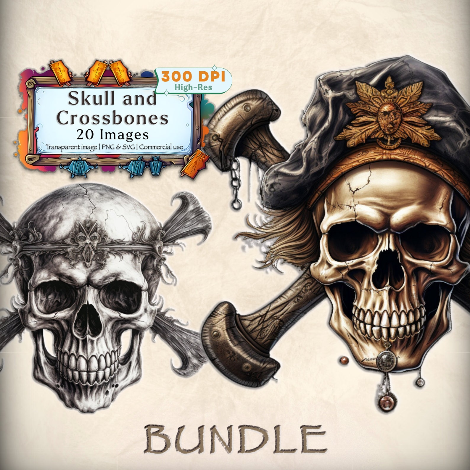 Skull and Crossbones Clipart Bundle: PNG & SVG Pirate Clipart Marauder ...