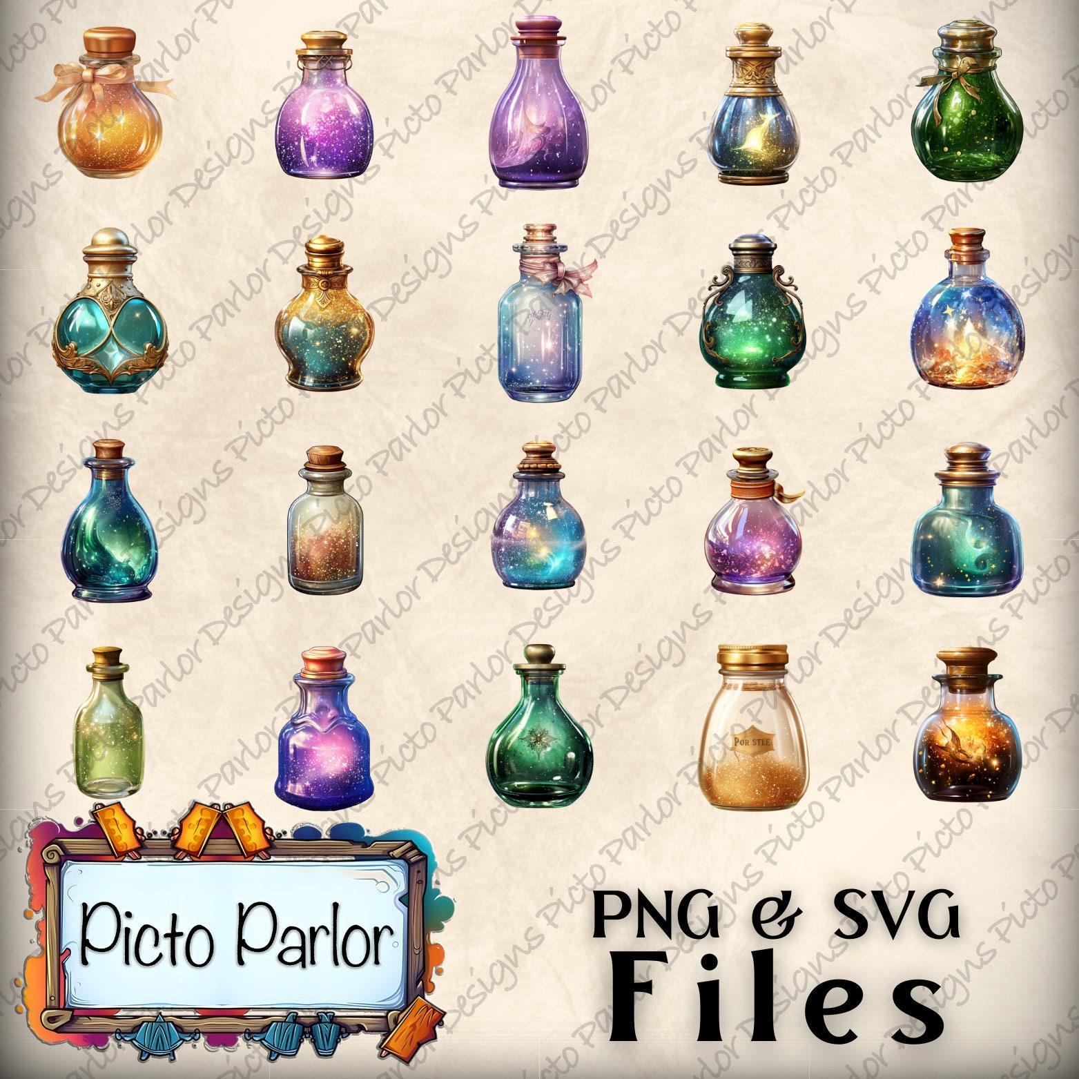 Magical Pixie Potion Bottle Cliaprt Bundle: PNG & SVG Magical Clipart Fantasy Potion Bottle ...