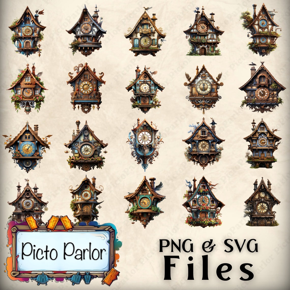 Cuckoo Clock Clipart Bundle: PNG and SVG Floral Vintage Clock Clipart ...