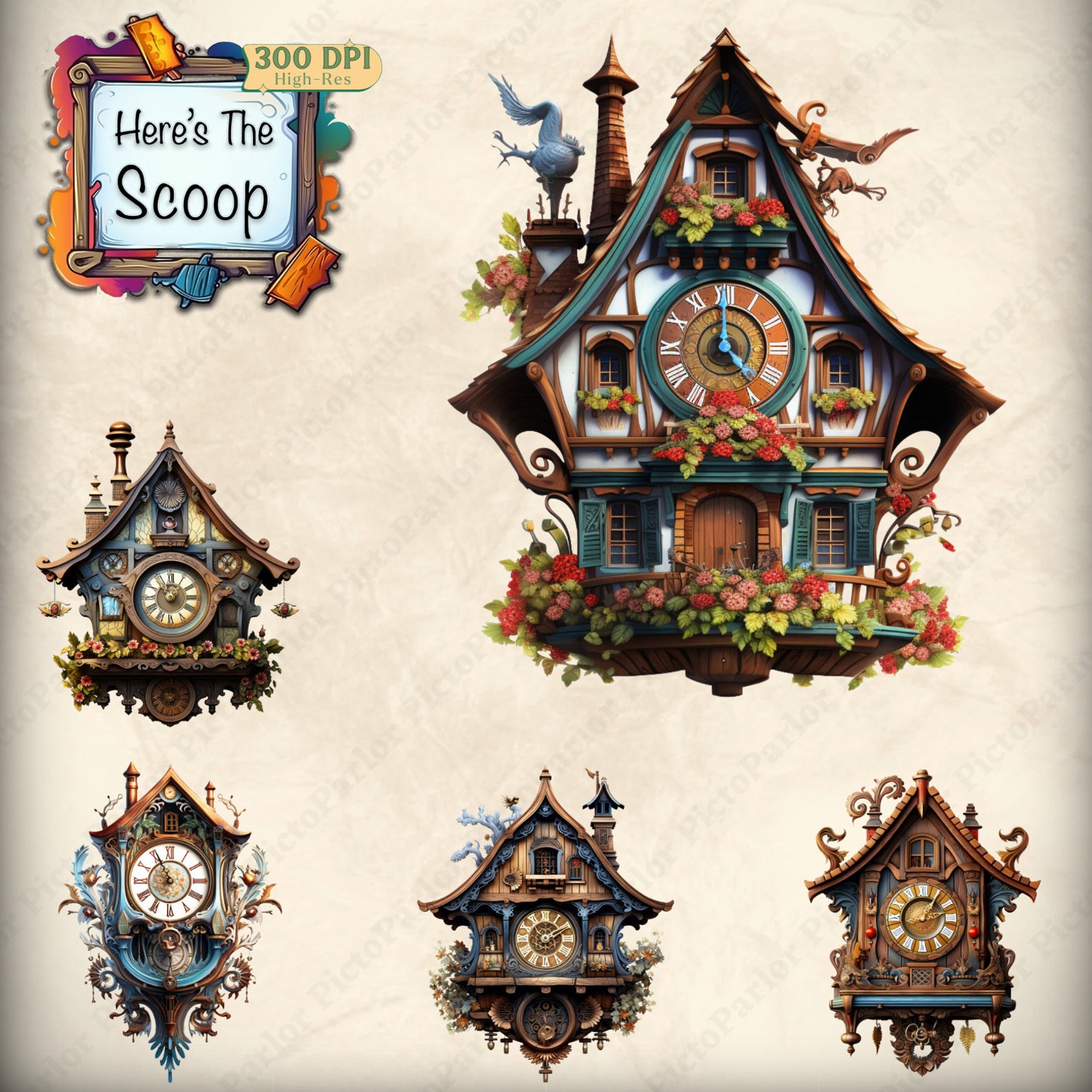 Cuckoo Clock Clipart Bundle: PNG and SVG Floral Vintage Clock Clipart ...