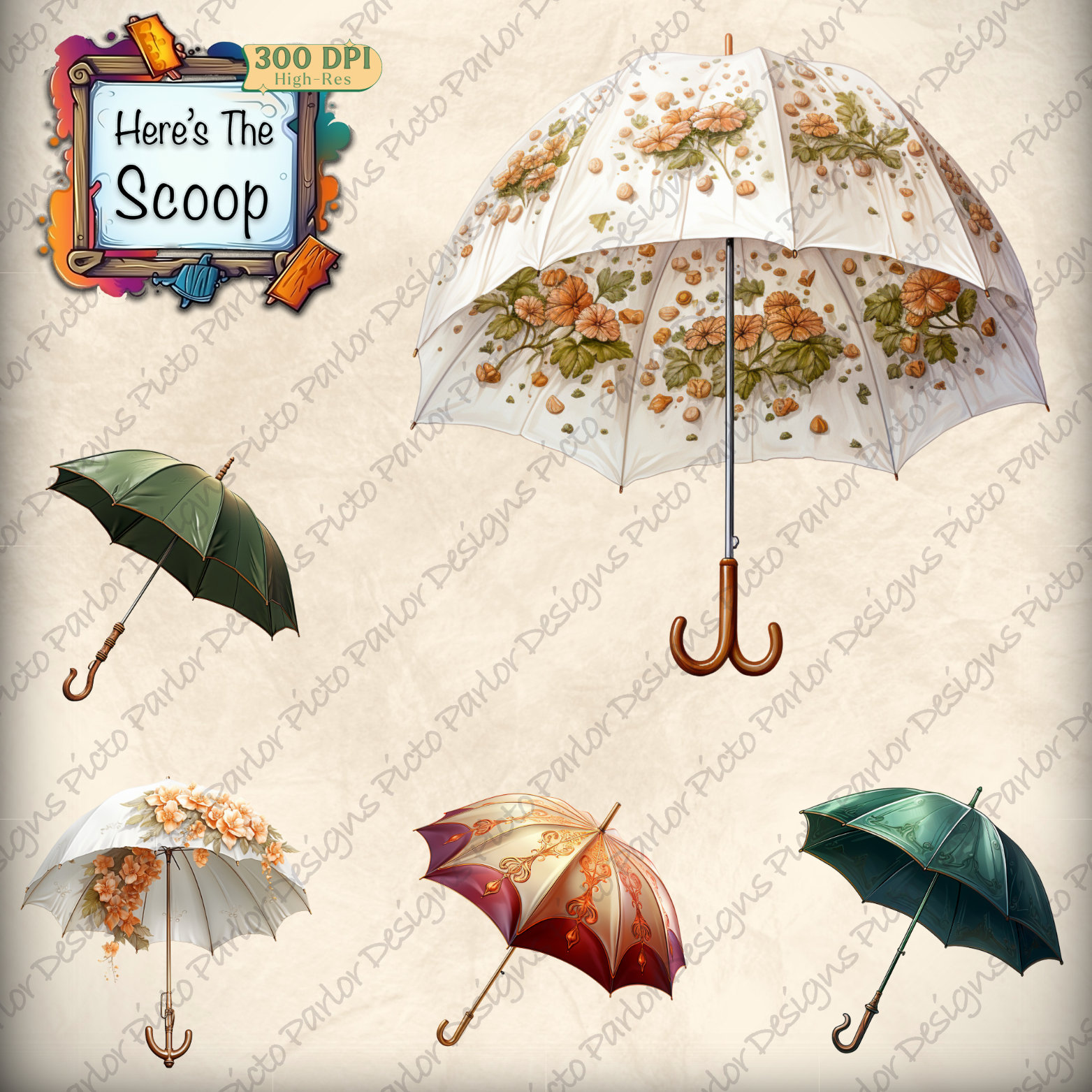 Vintage Umbrellas Clipart Bundle: PNG & SVG Vintage Clipart Embroidered ...
