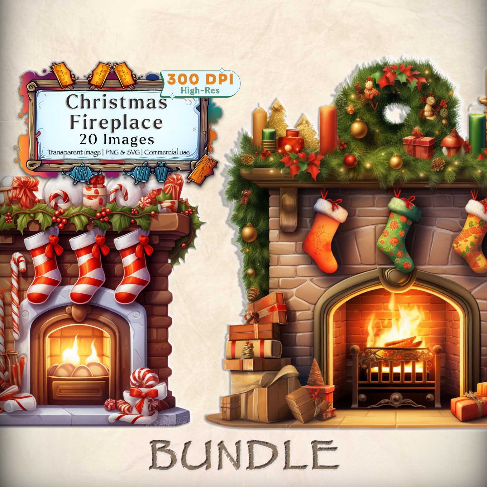 Christmas Fireplace Clipart Bundle: PNG & SVG Seasonal Clipart ...