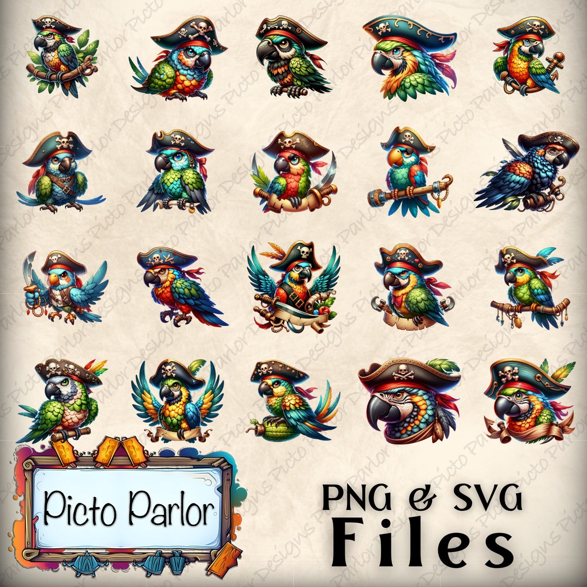 Pirate Parrot Clipart Bundle: PNG & SVG Colorful Pirate Bird Clipart ...