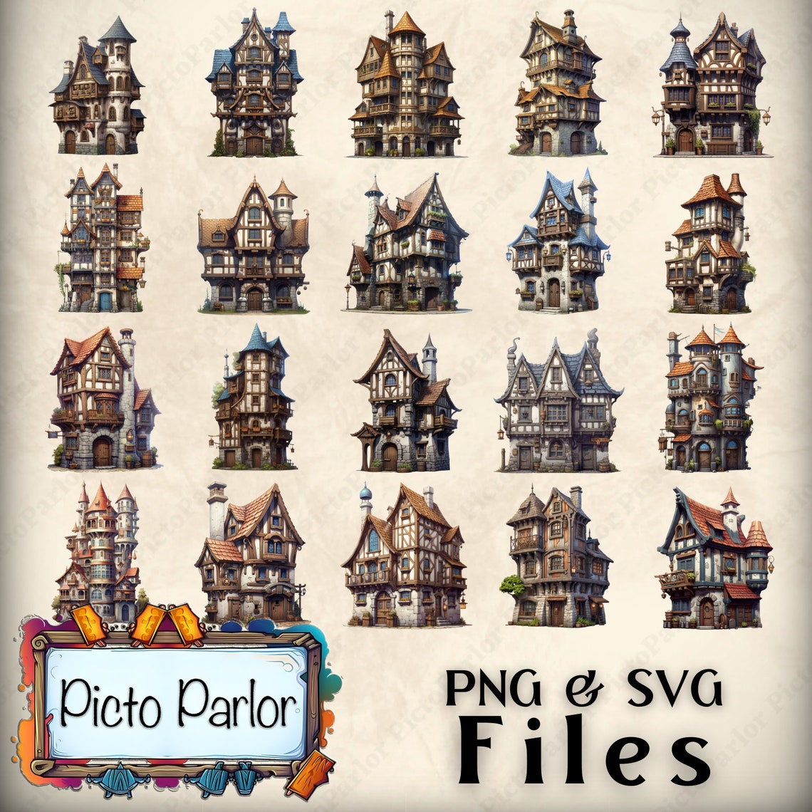 Medieval Office Buildings Clipart Bundle: PNG and SVG Medieval Building ...