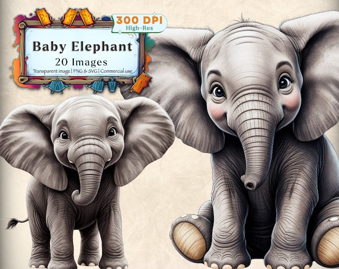 Baby Elephant Clipart Bundle: PNG & SVG Adorable Elephant Clipart Cute ...