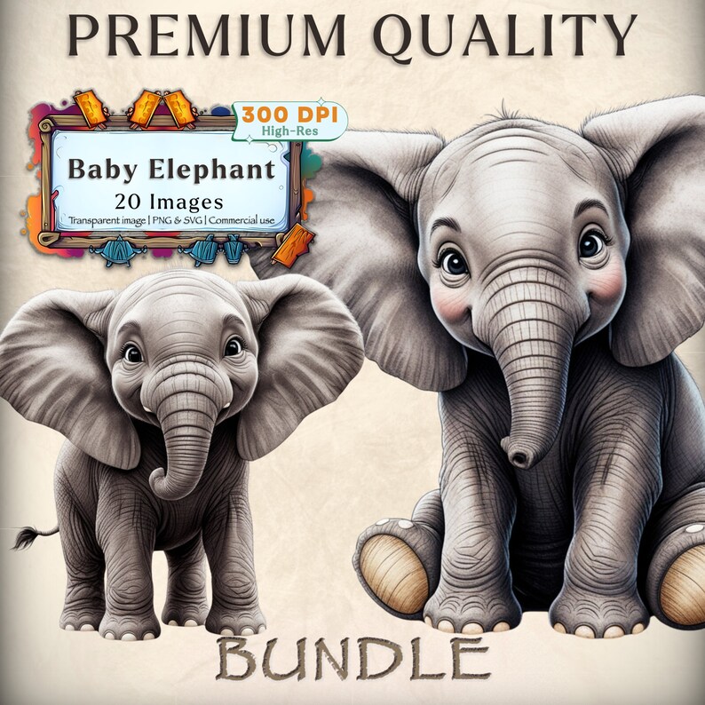 Baby Elephant Clipart Bundle: PNG & SVG Adorable Elephant Clipart Cute ...