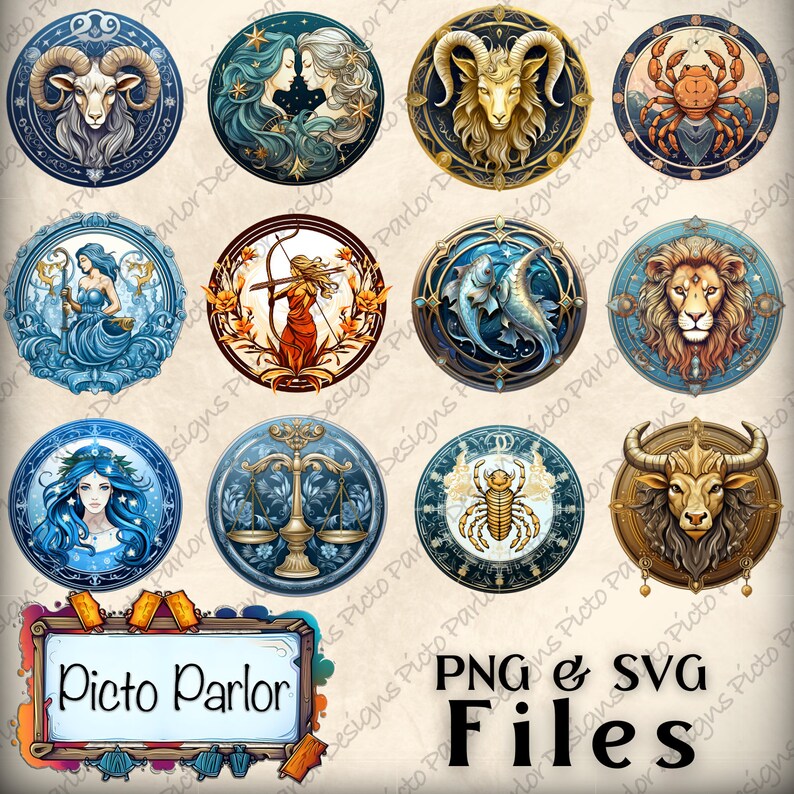 Zodiac Sign Clipart Bundle: PNG & SVG Astrological Sign All Elements ...