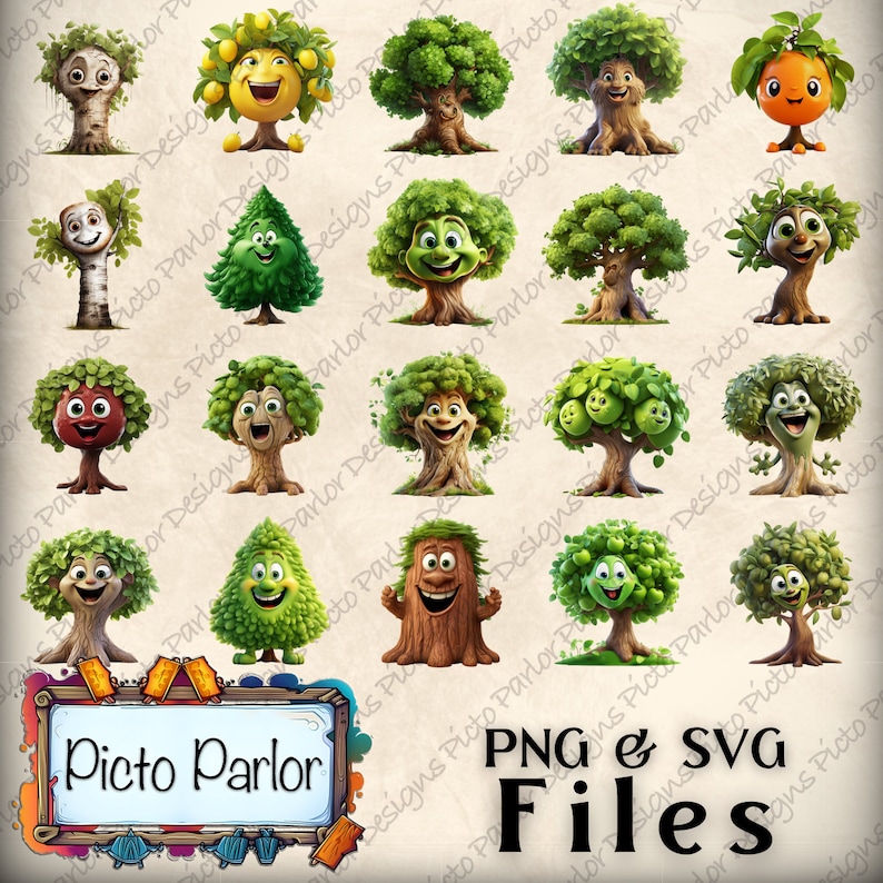 Cartoon Tree Clipart Bundle: PNG & SVG Assorted Fruit Tree Clipart ...