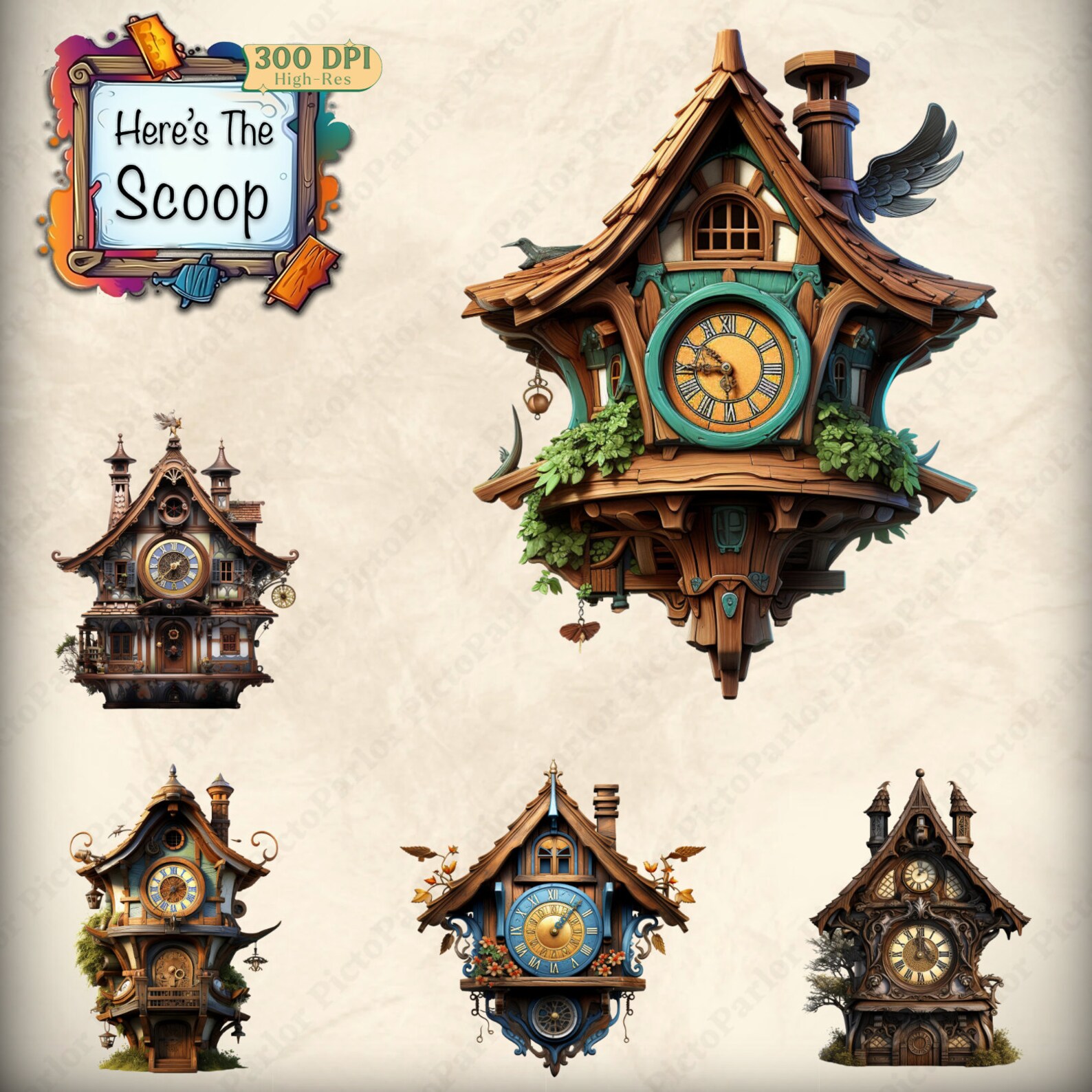Cuckoo Clock Clipart Bundle: PNG and SVG Floral Vintage Clock Clipart ...
