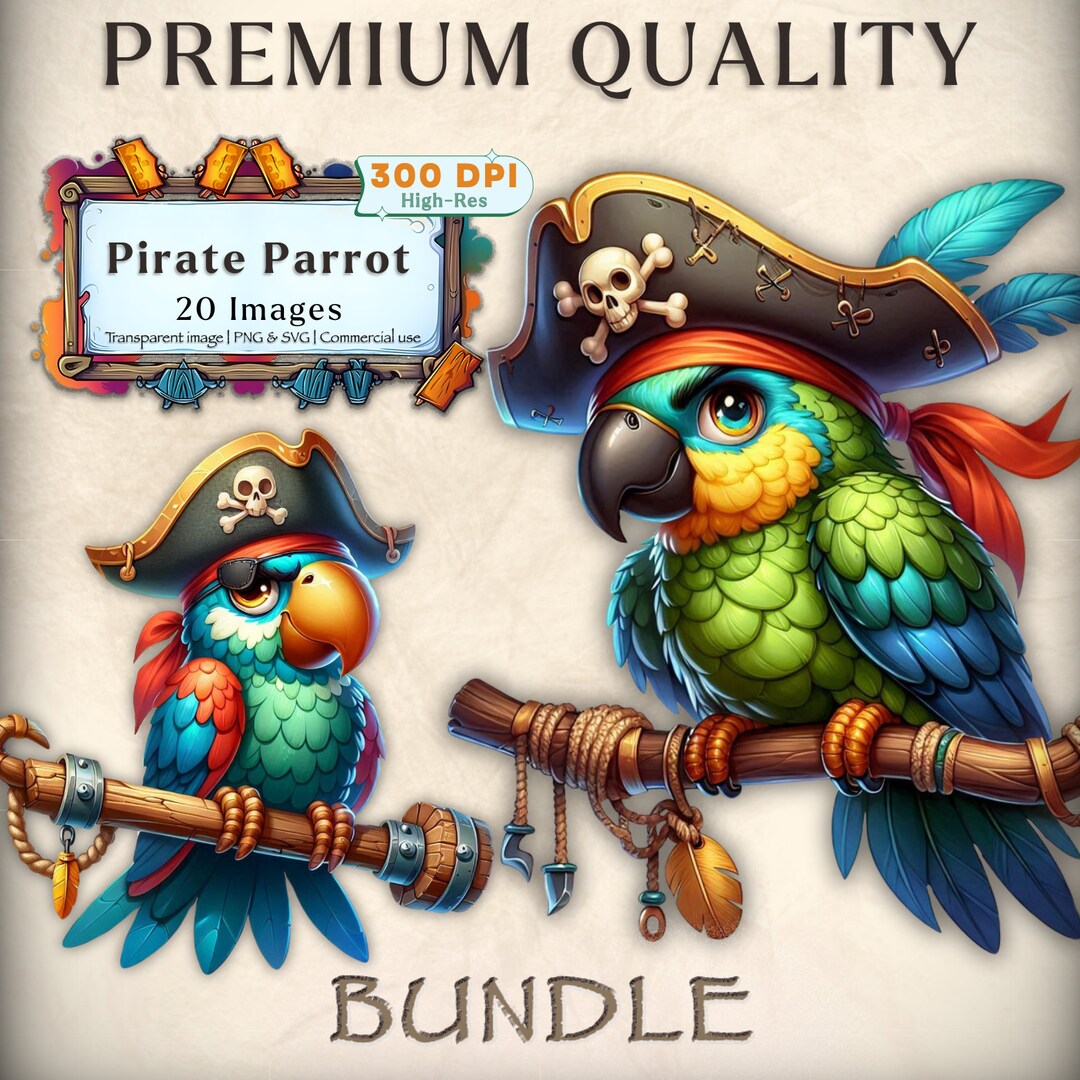 Pirate Parrot Clipart Bundle: PNG & SVG Colorful Pirate Bird Clipart ...