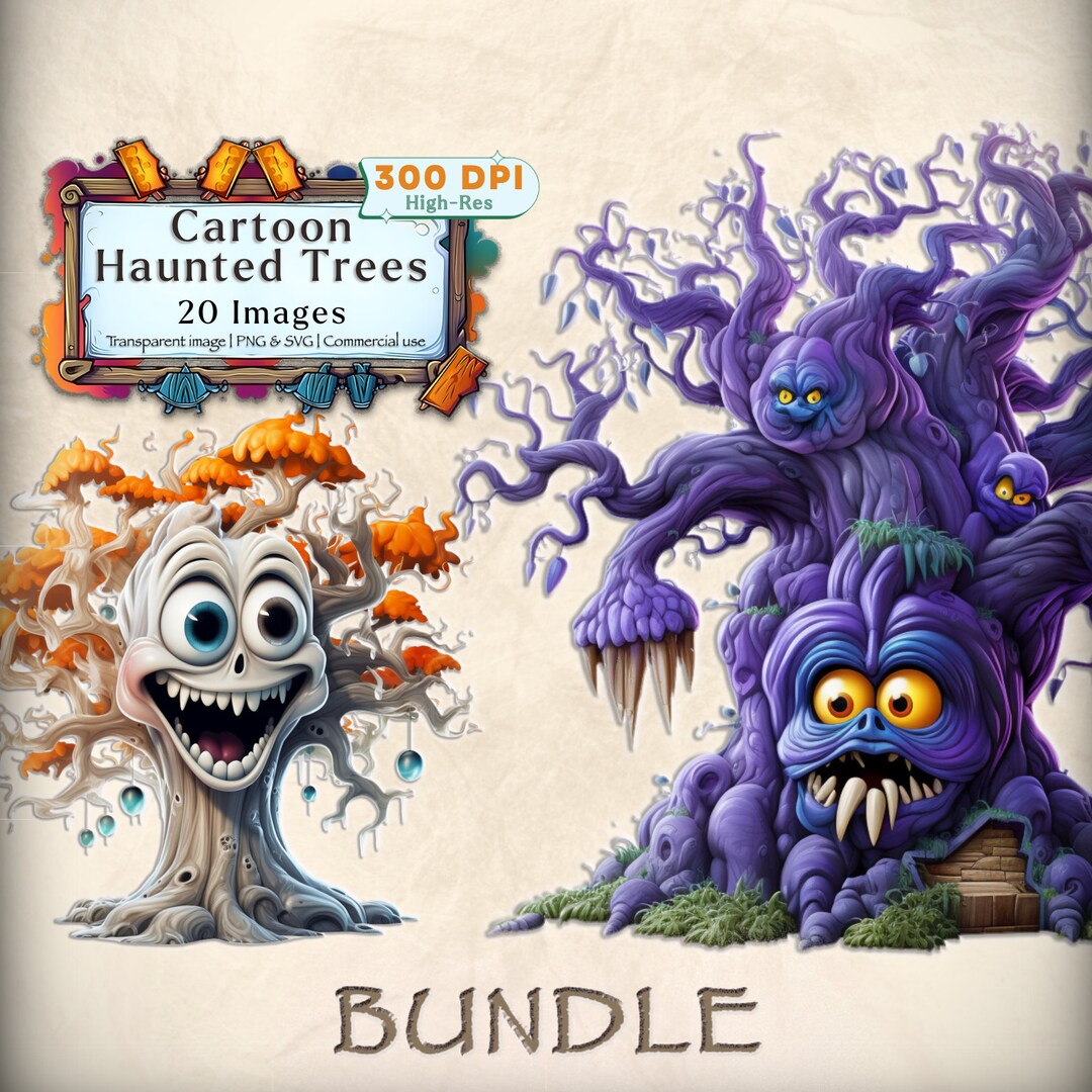 Cartoon Halloween Trees Clipart Bundle: PNG & SVG Cartoon Trees Horror ...