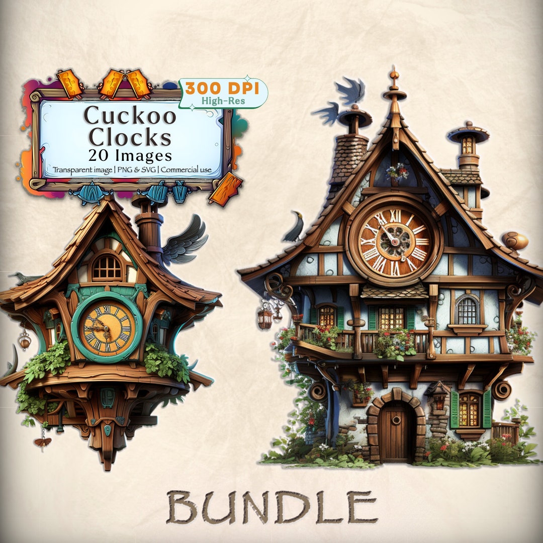 Cuckoo Clock Clipart Bundle: PNG and SVG Floral Vintage Clock Clipart ...