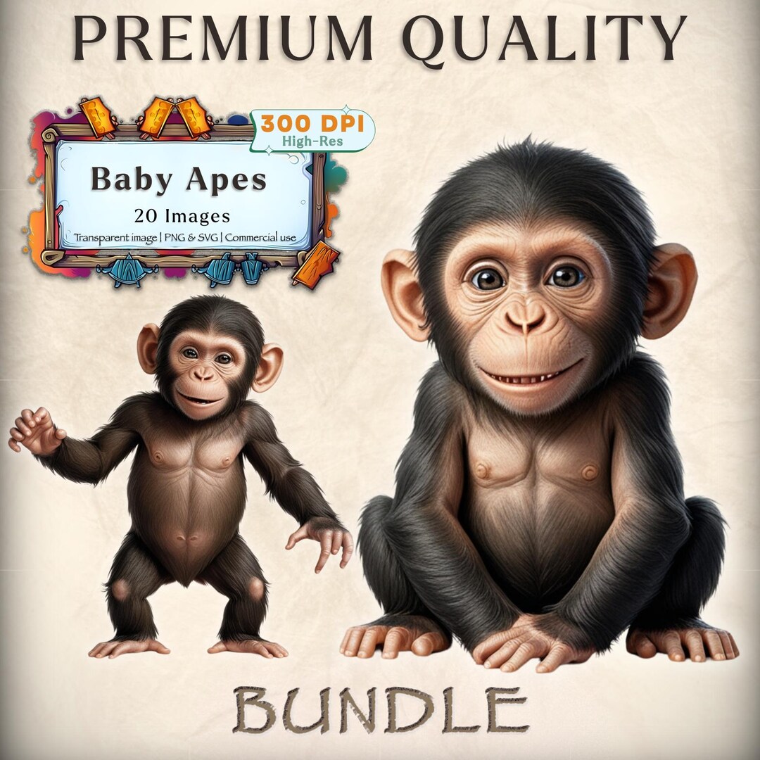Baby Apes Clipart Cute Baby Ape Bundle: PNG & SVG Cute Baby Ape ...