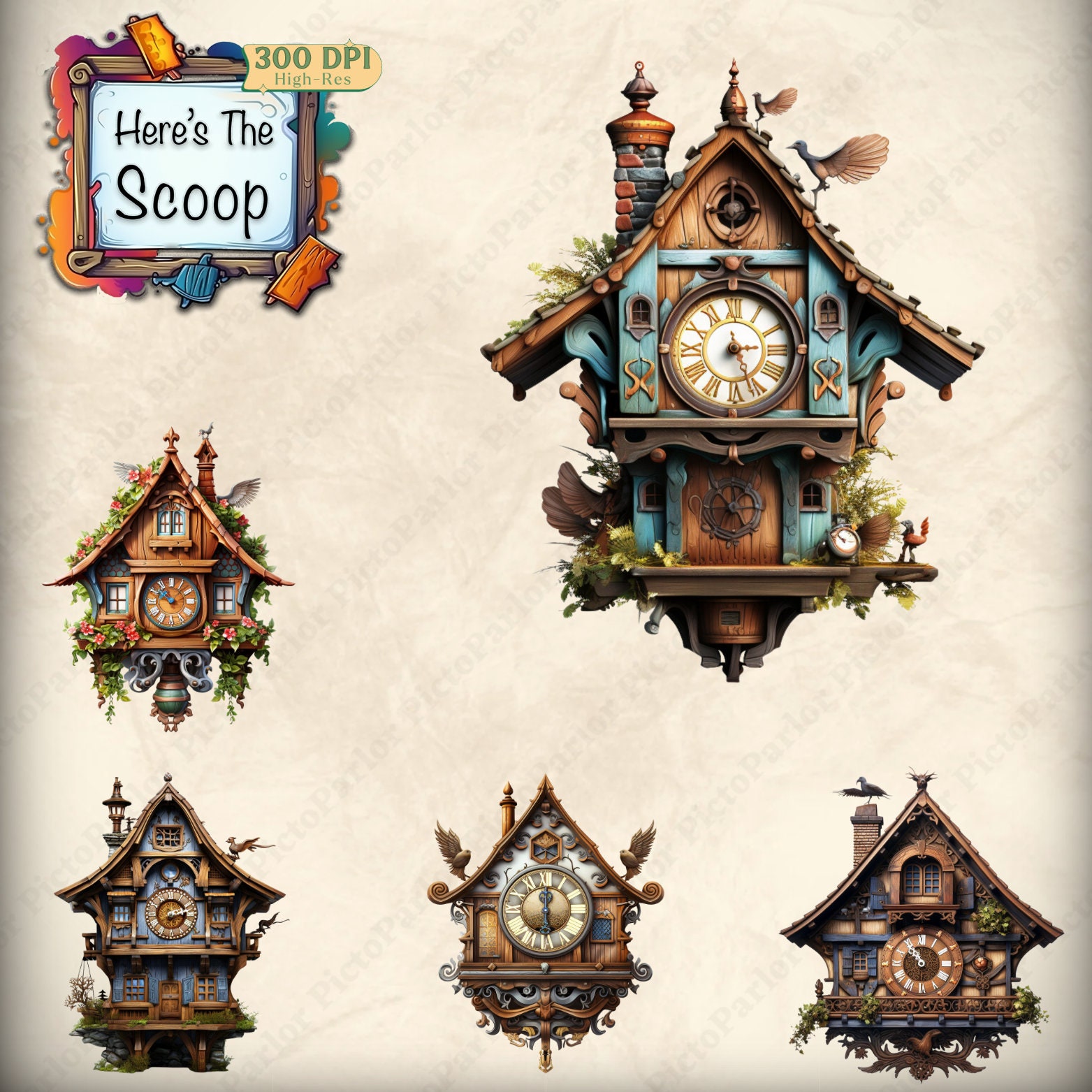 Cuckoo Clock Clipart Bundle: PNG and SVG Floral Vintage Clock Clipart ...