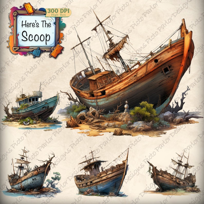 Shipwreck Clipart Bundle: PNG & SVG Abandoned Ship Clipart Aquatic ...