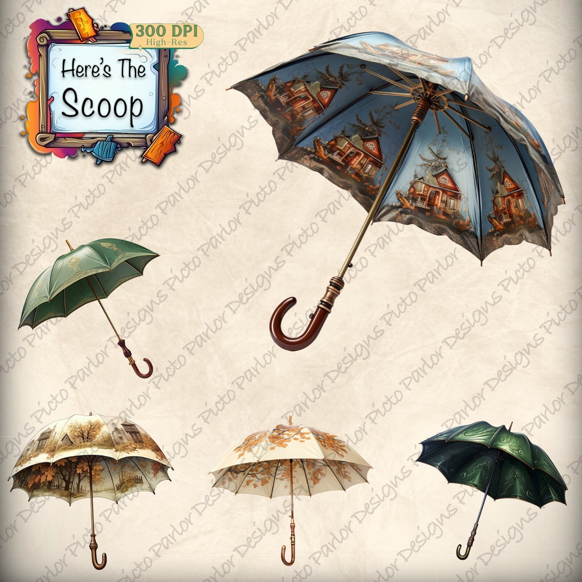 Vintage Umbrellas Clipart Bundle: PNG & SVG Vintage Clipart Embroidered ...