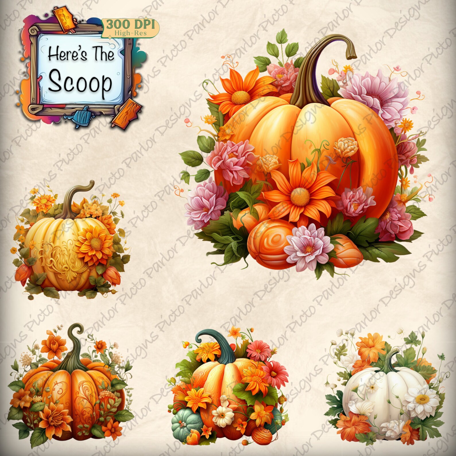 Floral Pumpkin Clipart Bundle: PNG & SVG Floral Clipart Halloween ...