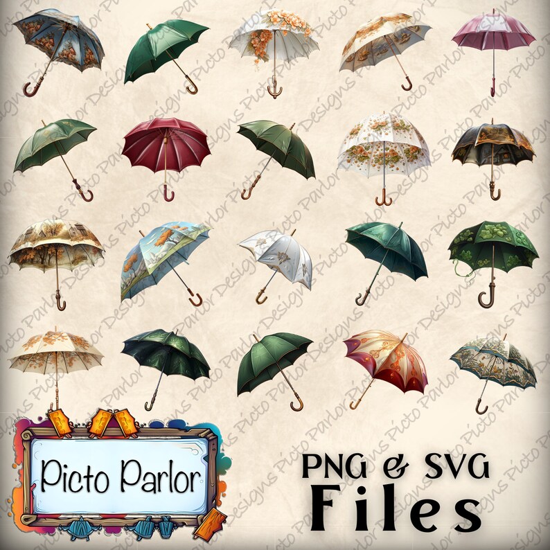 Vintage Umbrellas Clipart Bundle: PNG & SVG Vintage Clipart Embroidered ...