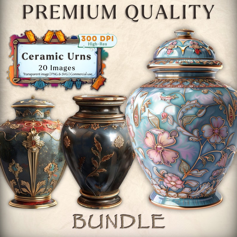 Ceramic Urns Clipart Bundle: PNG & SVG Elegant Memorial Urns Clipart ...