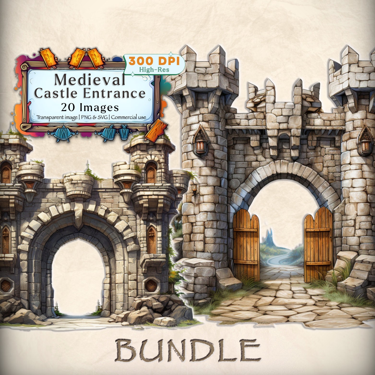 Medieval Castle Entrance Clipart Bundle: PNG & SVG Medieval Castle ...